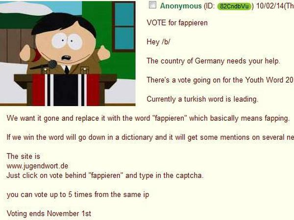 Heute schon fappiert?: 4chan-User trollen die Jugendwort-Wahl